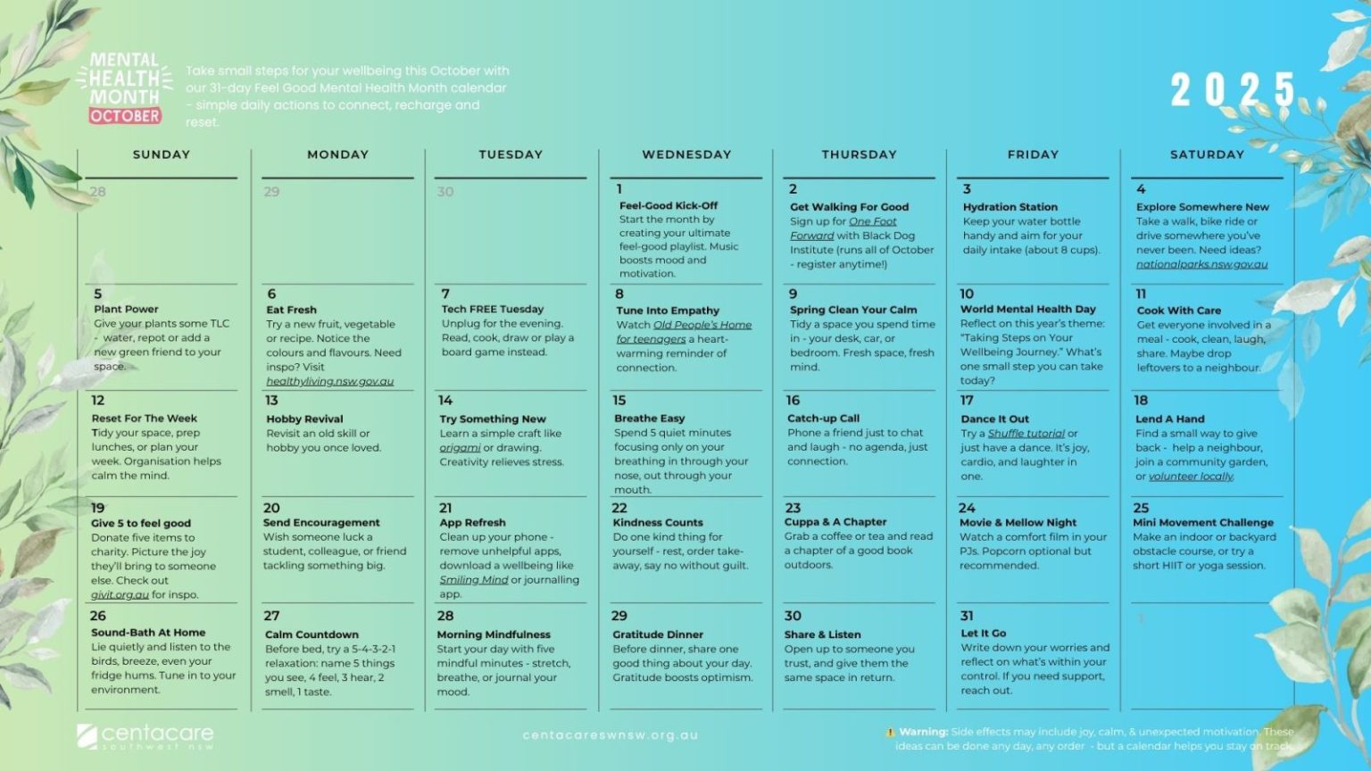 Your 2025 Feel Good Calendar for Mental Health Month. Small Steps, Big ...
